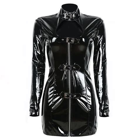Hot New Women Gothic Long Sleeve Keyhole Bust Pvc Latex Dress Black
