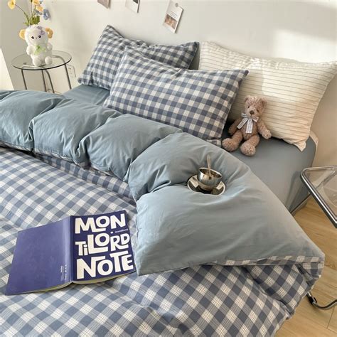 Bộ chăn ga drap giường 100 cotton tici caro kẻ 1m2 1m6 1m8 Bộ ga
