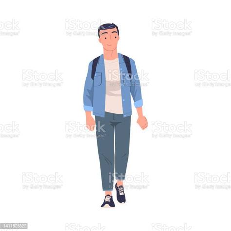 Walking Man Character Strolling In The Street And Smiling Vector