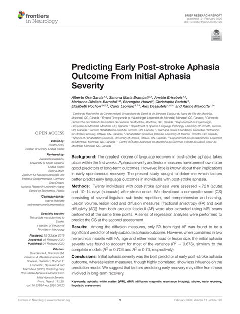 pdf predicting early post stroke aphasia outcome from initial aphasia