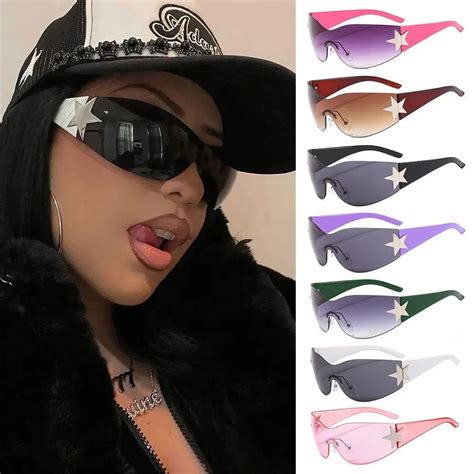 Rimless Y2k Sunglasses Women Men Oversized Trendy Wrap Around