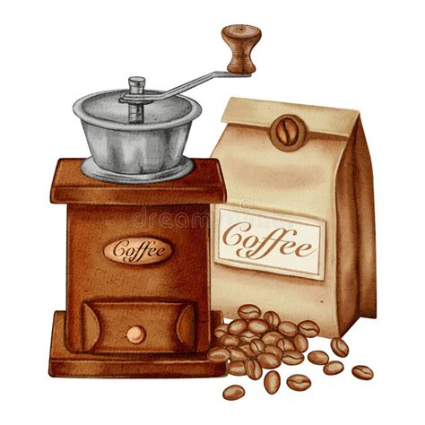 Hand Drawn Watercolor Illustration Of A Vintage Coffee Grinder And