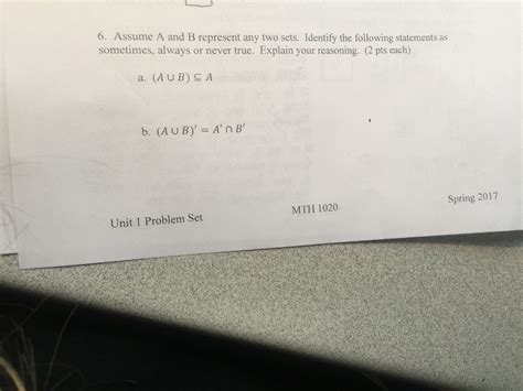 Solved Assume A And B Represent Any Two Sets Identify The Chegg