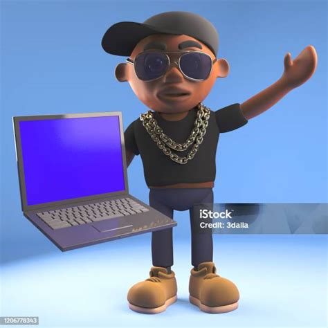 3d 만화 블랙 힙합 래퍼 Emcee 노트북 Pc 컴퓨터 3d 일러스트 3차원 형태에 대한 스톡 사진 및 기타 이미지 3차원