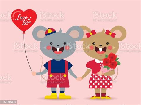 발렌타인 데이 빨간 심장 풍선과 꽃다발손을 잡고 만화 마우스 커플 2월에 대한 스톡 벡터 아트 및 기타 이미지 2월 Day 14 귀여운 Istock