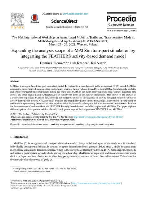 Pdf Expanding The Analysis Scope Of A Matsim Transport Simulation By