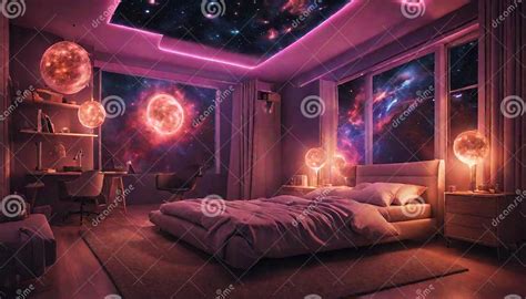 A Celestial Themed Bedroom With Neon Lights Resembling A Cosmic Stock