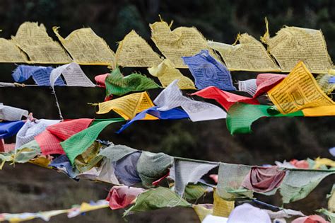 다채로운 티베트 기도 깃발 물결치 고 다리와 함께 Thangu 및 Chopta 계곡에 얼어붙은 강 라 헨에 겨울에 싸여 눈물