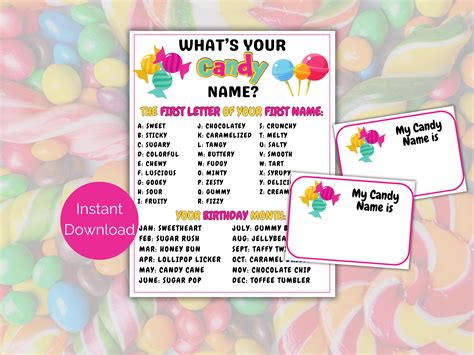Whats Your Candy Name Game Name Tags Printable Candy Party Game Candy Bar Activity Candy