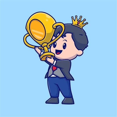 골드 트로피 만화 벡터 아이콘 그림을 들고 왕관과 함께 귀여운 남자 사람들 금융 절연 무료 벡터