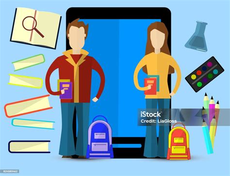 남자와 여자와 E 러닝 온라인 교육에 대 한 평면 벡터 일러스트 교육 Infographic입니다 가방에 대한 스톡 벡터 아트 및 기타 이미지 Istock