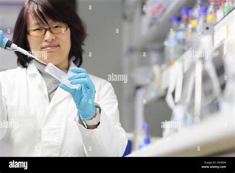 Scientist Pipetting Liquid In Lab Stock Photo Alamy