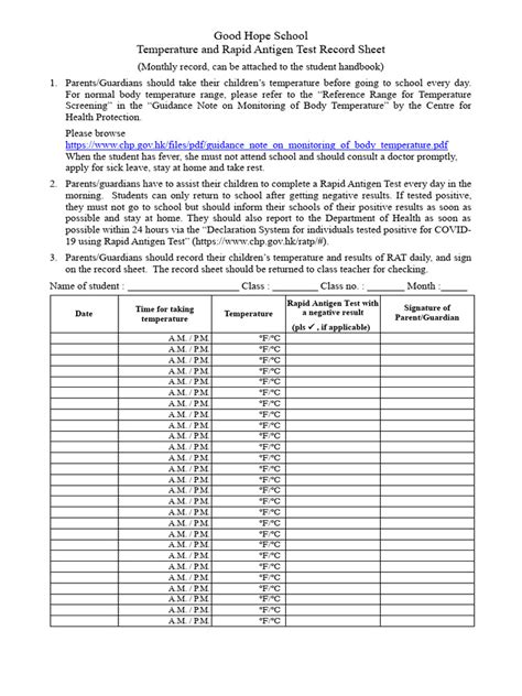 Temperature And Rapid Antigen Test Record Sheet Pdf Medical
