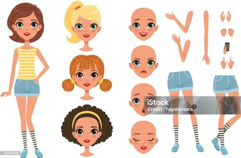 可愛的女孩構造為動畫前視圖的女性角色在各種姿勢和髮型單獨的女孩身體部位收集卡通風格向量插圖向量圖形及更多差異圖片 差異 臉部表情 人
