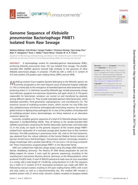 Pdf Genome Sequence Of Klebsiella Pneumoniae Bacteriophage Pmbt1