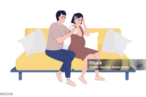 슬픈 임신 한 여자를 돌보는 남자 세미 플랫 컬러 벡터 문자 임신에 대한 스톡 벡터 아트 및 기타 이미지 임신 여자