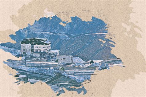 파소 델로 스텔비오 보르미오 이탈리아on 갈색 종이에 숙박 시설의 아름다운 전망을 그리는 컬러 연필 0명에 대한 스톡 벡터 아트