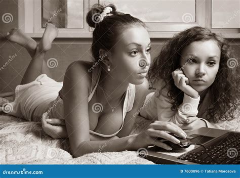 Girls With A Computer Stock Photo Image Of Legs Sexual
