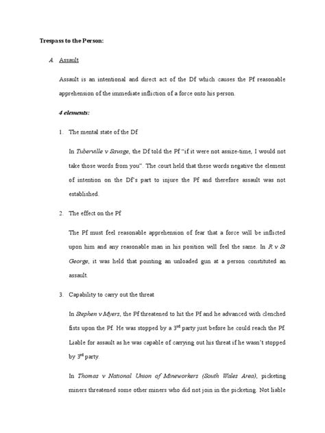1 Intentional Tort Trespass To The Person Pdf Assault Trespass