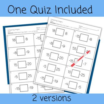 Comparing Integers Activity Quiz By VPs Classroom TPT