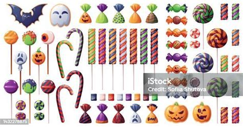할로윈을위한 과자 세트 유령 박쥐 호박 형태의 쿠키 할로윈 스타일의 나선형 패턴이있는 달콤한 사탕과 롤리팝 10월에 대한 스톡 벡터 아트 및 기타 이미지 Istock