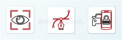 Set Line Smart Car Security System Eye Scan And Bezier Curve Icon Vector Stock Illustration