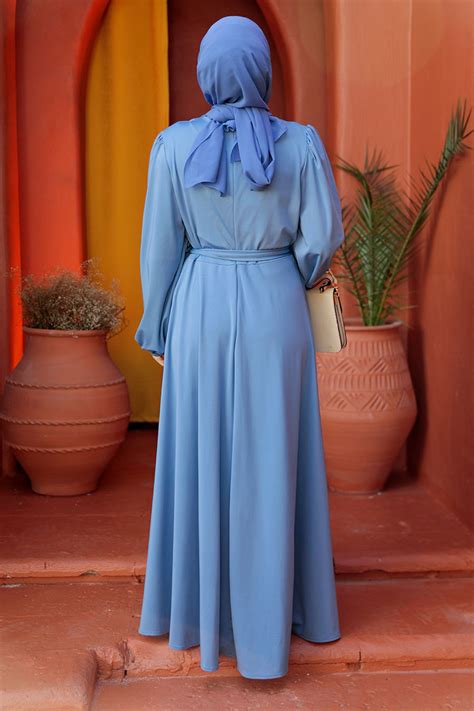 Kemerli Mavi Tesettür Elbise 23101m Kemerli Mavi Tesettür Elbise 23101m