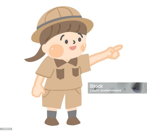 탐험가의 의상을 입은 소녀 캐릭터가 가리키고 있습니다 가리키기에 대한 스톡 벡터 아트 및 기타 이미지 가리키기 검색 견학 Istock