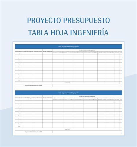 Plantilla de Excel Proyecto Presupuesto Tabla Hoja Ingeniería y Hoja de