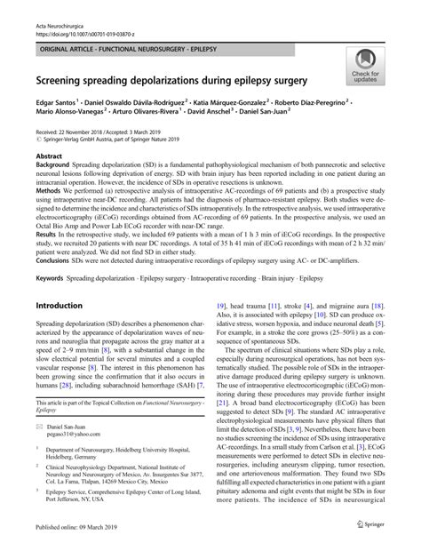 Pdf Screening Spreading Depolarizations During Epilepsy Surgery