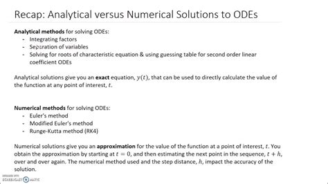 Recap Analytical Versus Numerical Solutions To Odes Youtube
