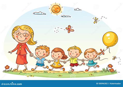 Karikatur Kinder Und Ihr Lehrer Outdoors Vektor Abbildung Bild