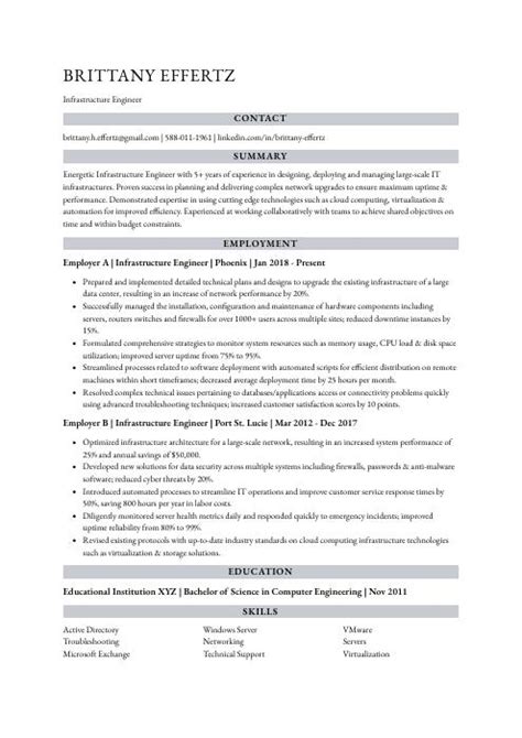 Infrastructure Engineer Resume CV Example And Writing Guide