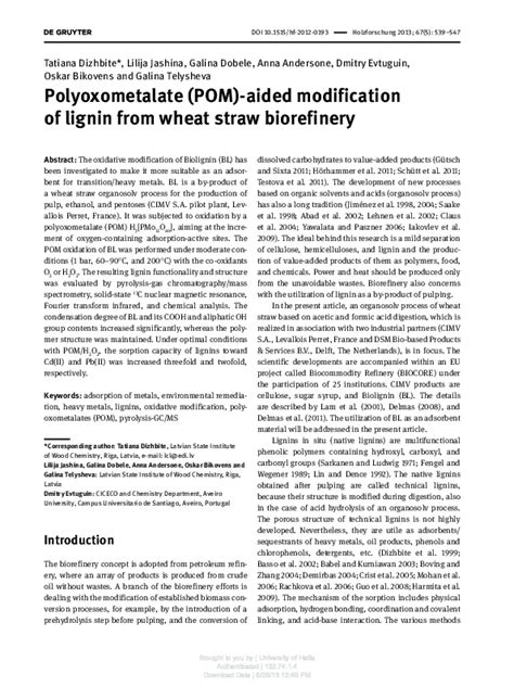Pdf Polyoxometalate Pom Aided Modification Of Lignin From Wheat