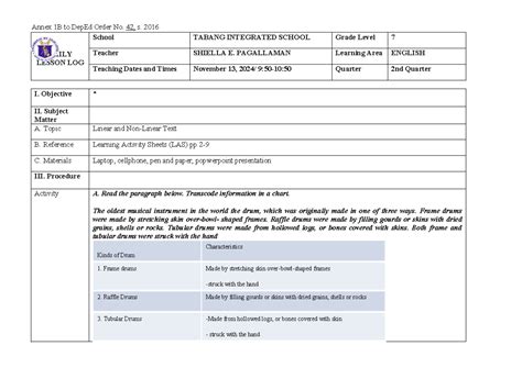 Lesson Plan On Linear And Non Linear Text Annex 1b To Deped Order No