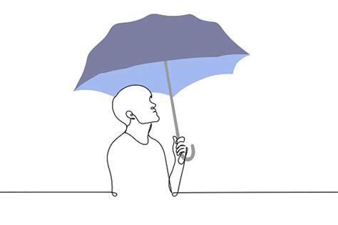남자는 열린 우산 아래에 서 있습니다 하나의 선 그리기 벡터 개념 악천후 강수량 Classical Theater에 대한 스톡