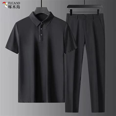 啄木鳥輕奢無縫壓膠polo衫冰絲套裝男夏季薄款商務休閒西褲兩件套 Taobao