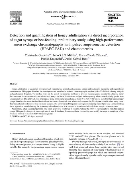 Pdf Detection And Quantification Of Honey Adulteration Via Direct Incorporation Of Sugar