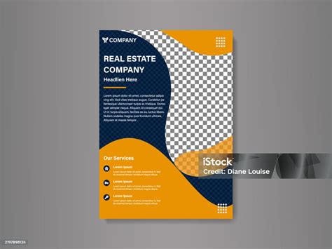 파란색과 주황색 악센트가 있는 현대 부동산 회사 전단지 디자인 개발에 대한 스톡 벡터 아트 및 기타 이미지 개발 개성 개념 건설 산업 Istock