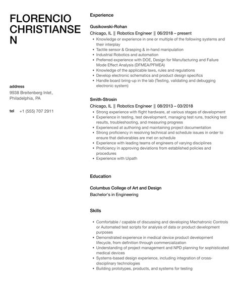 Robotics Engineer Resume Samples Velvet Jobs