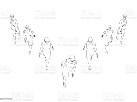흰색 배경에 분리된 두 줄의 검은색 선으로 걷는 사람들의 윤곽 일곱 여자 정면도 3d 벡터 그림입니다 가냘픈에 대한 스톡 벡터