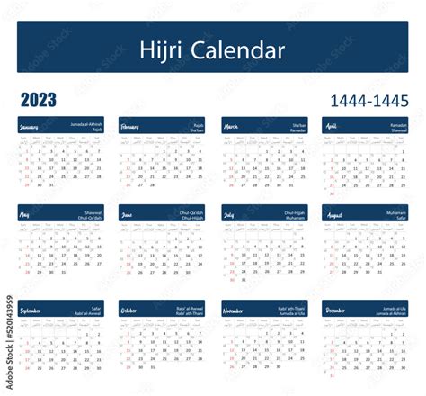 Vetor Do Stock Hijri Islamic And Gregorian Calendar 2023 From 1444 To