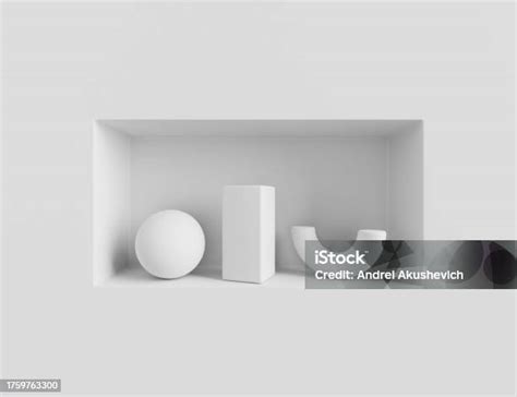 틈새와 기하학적 모양으로 흰색 벽을 3d 렌더링합니다 구형 직사각형 갤러리 또는 스튜디오 룸의 절반 토러스 건축 및 실내 장식 요소가있는 직사각형 선반 3차원 형태에 대한