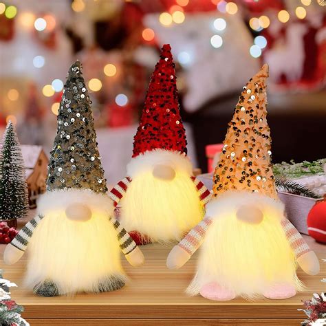 Ninonly 3pcs Sequin Christmas Gnomes Plush With Light 30cm Handmade