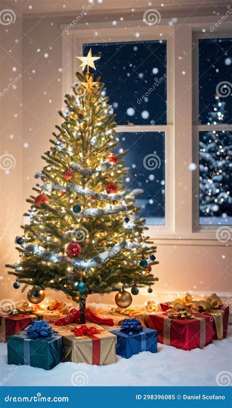 A Snowy Evening With A Brightly Lit Christmas Tree And Presents