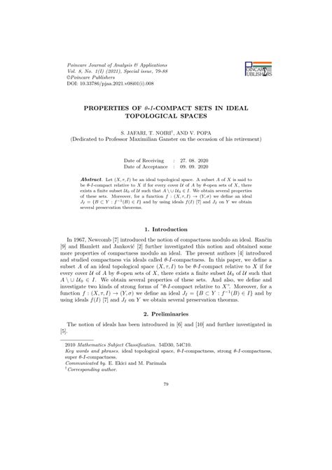 Pdf Properties Of Theta I Compact Sets In Ideal Topological Spaces