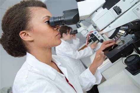 Young Woman Work In Microbiological Laboratory With Microscope Stock