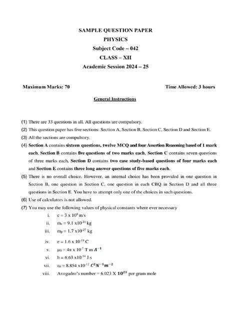 Cbse Physics Sample Paper 2025 Pdf