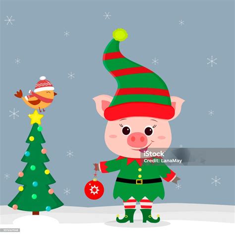 행복 한 새 해와 메리 크리스마스 인사 카드 귀여운 작은 공을 들고 엘 프 복장 돼지 크리스마스 트리 고 겨울에는 모자에 작은 새 중국 달력의 새 해입니다 벡터 2019년에