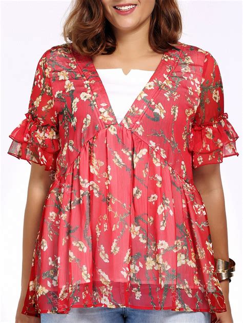 [16 Off] Plus Size V Neck Floral Print Peasant Blouse Rosegal